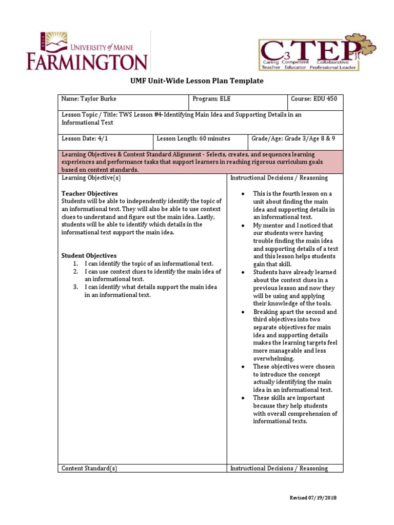 UMF Unit-Wide Lesson Plan Template: Teacher Objectives | PDF | Reading ...