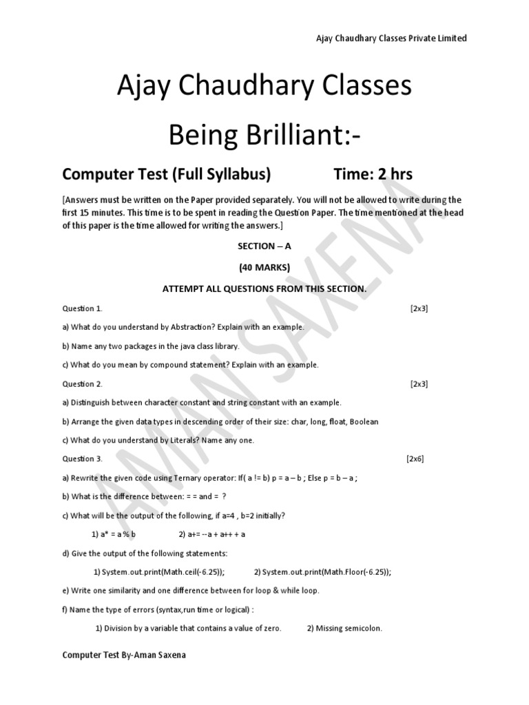 Ajay Chaudhary Classes Being Brilliant:-: Computer Test (Full Syllabus ...