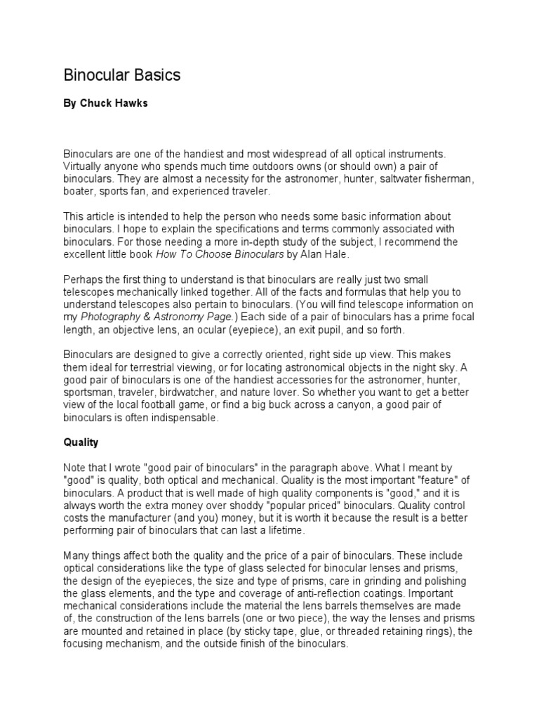 Binocular Basics: by Chuck Hawks | PDF | Eye | Lens (Optics)