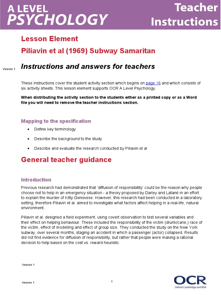 Lesson Element Piliavin Et Al (1969) Subway Samaritan: Instructions and ...