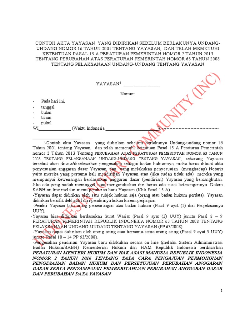 Contoh Akta Pendirian Yayasan Yang Memenuhi Ketentuan Pasal 15 A PP 2 Tahun 2013 | PDF