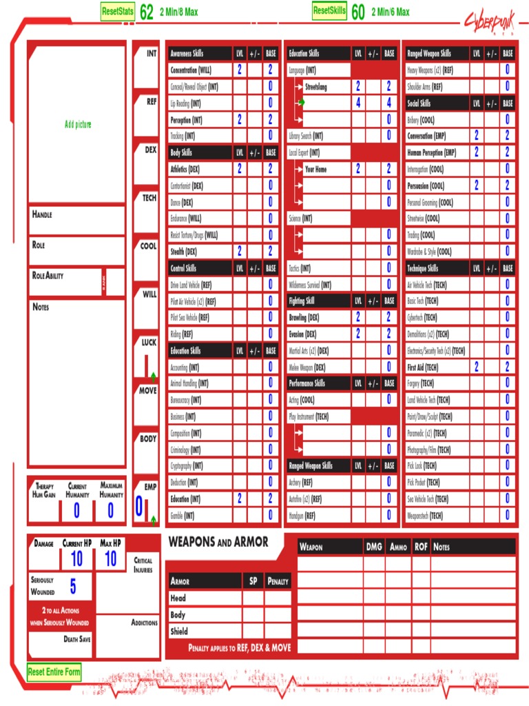 Cyberpunk Red Character Sheet | PDF | Weaponry | Leisure
