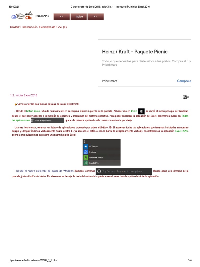 Curso Gratis de Excel 2016. Aulaclic. 1 - Introducción. Iniciar Excel ...