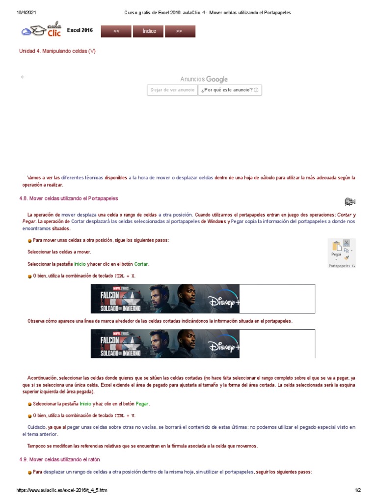 4.4 Curso Gratis de Excel 2016. Aulaclic. 4 - Mover Celdas Utilizando ...