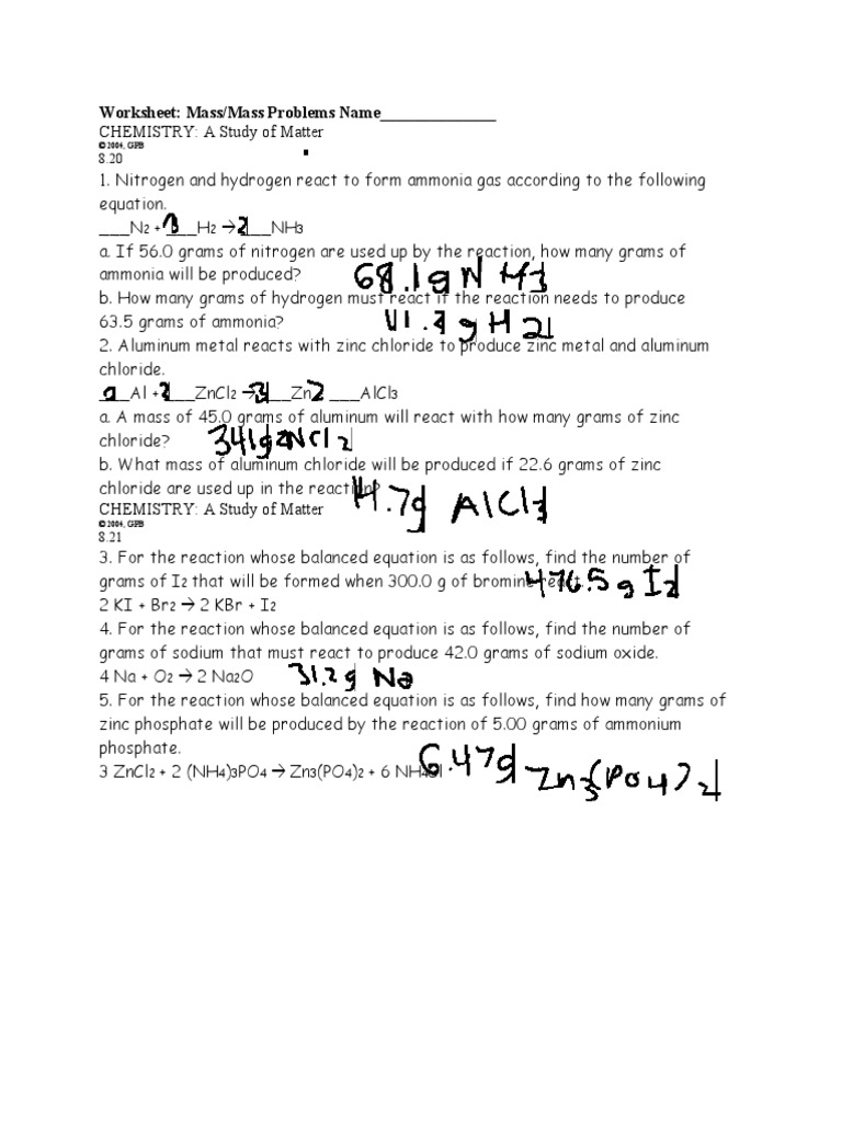 Worksheet: Mass/Mass Problems Name | PDF