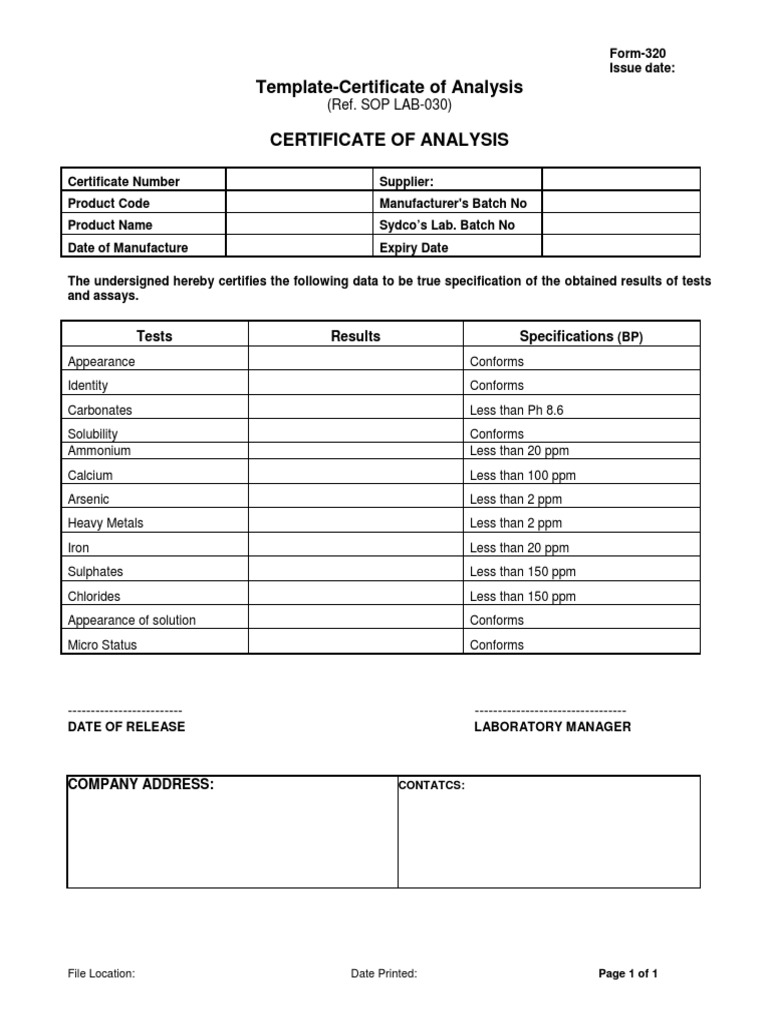 Certificate of Analysis Template | PDF