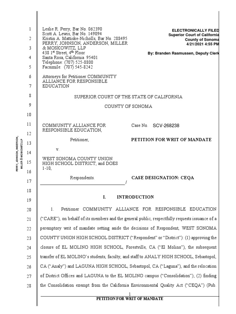2021 04 21 (EF) Petition For Writ of Mandate | PDF | Justice | Crime ...