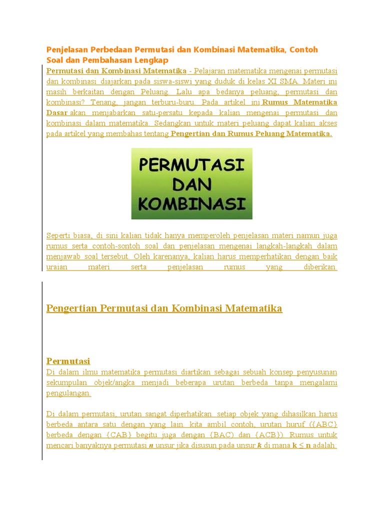 Pengertian Permutasi Dan Kombinasi Matematika | PDF