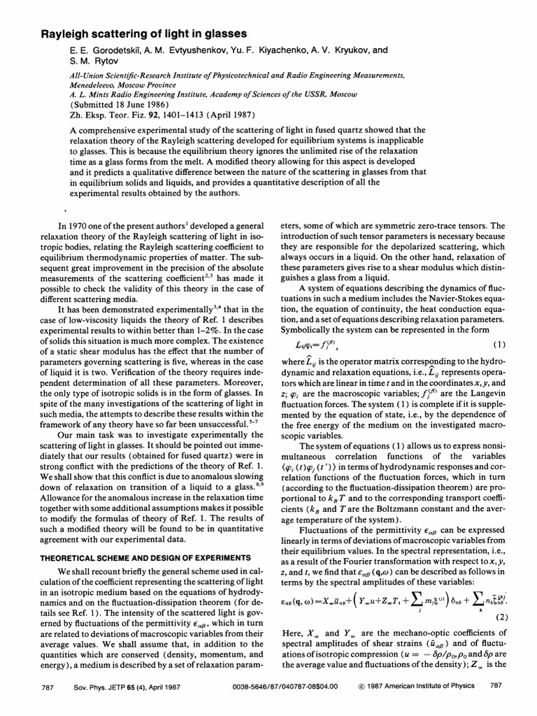Rayleigh Scattering of Light in Glasses: E. E. A. M. Yu. F. A. V. S ...