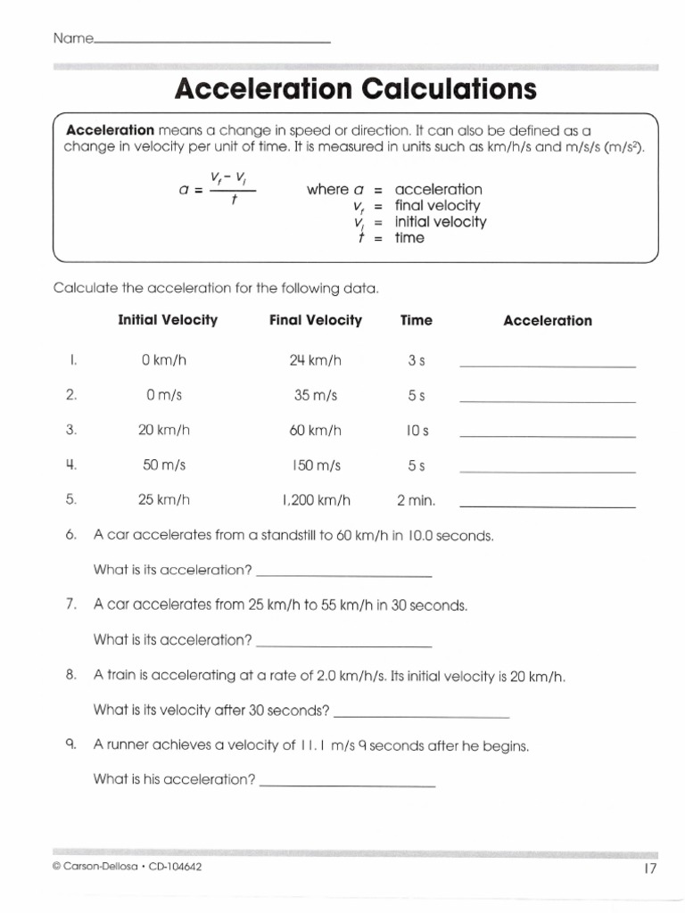 Calculating Acceleration Worksheet Compound Measures Worksheets