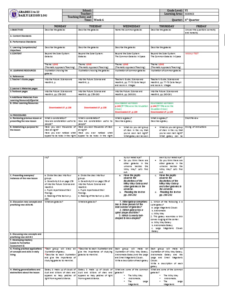 Grade 6 DLL SCIENCE 6 Q4 Week 6 | PDF | Milky Way | Galaxy