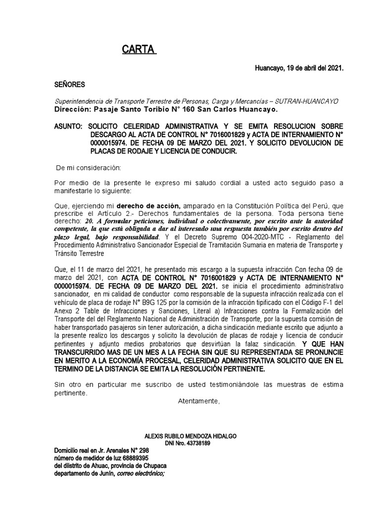 Carta Notarial Sutran Jauja Pdf Licencia De Conducir Justicia