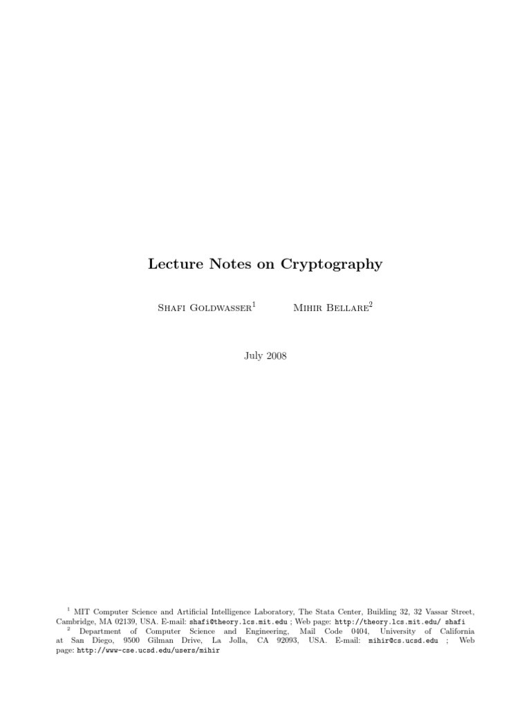 Cryptography Lecture Notes by Goldwasser | PDF