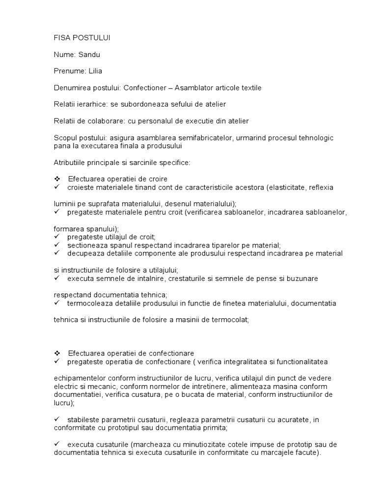 FISA POSTULUI Cusatoreasa | PDF