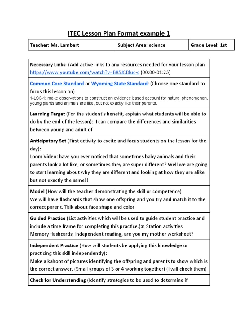 ITEC Lesson Plan Format Example 1: Common Core Standard Wyoming State ...