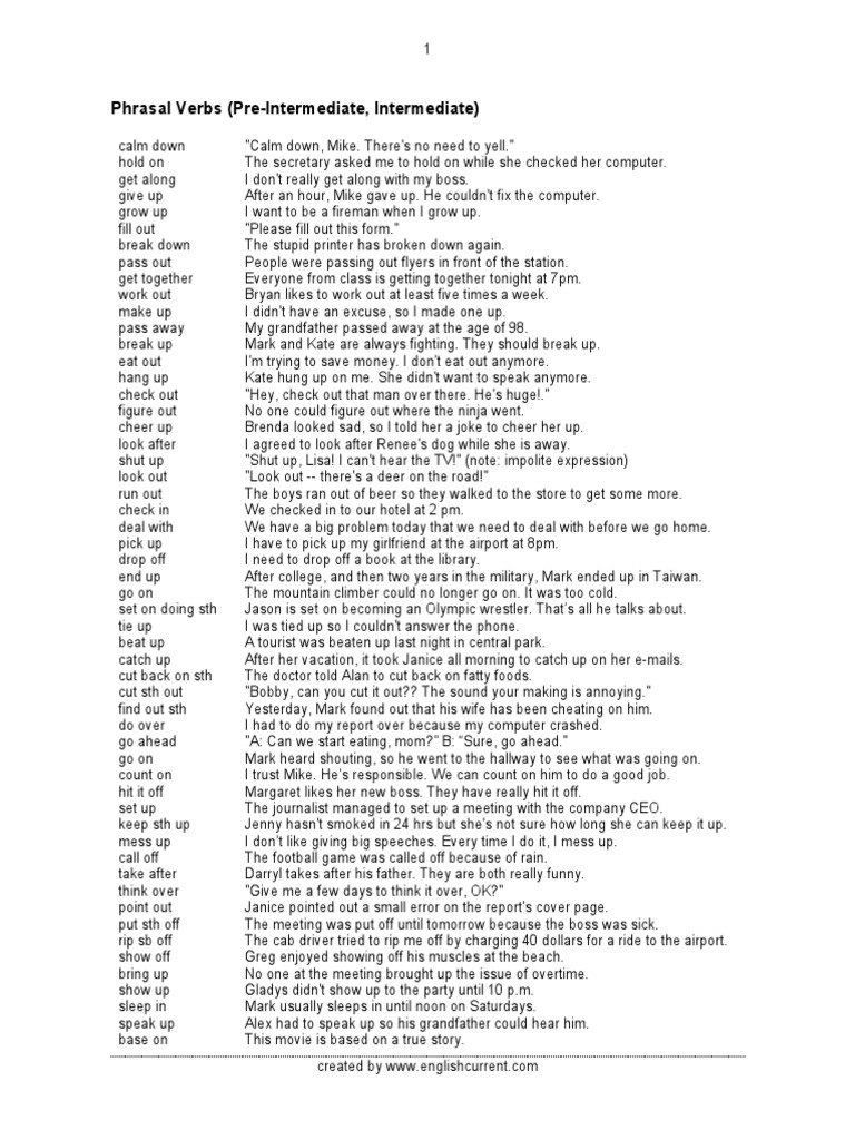 Phrasal Verbs (Pre-Intermediate, Intermediate) | PDF