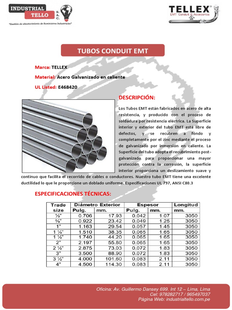 Tubos EMT: Especificaciones y Medidas | PDF | Conocimiento ...