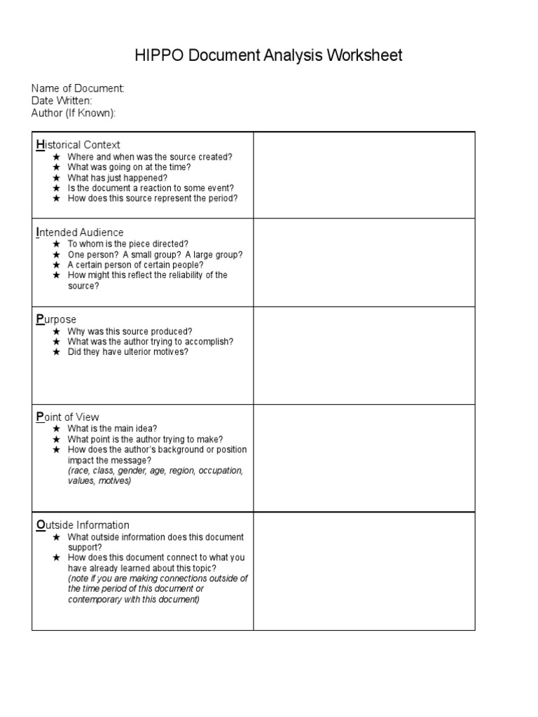 Hippo Document Analysis Worksheet | PDF