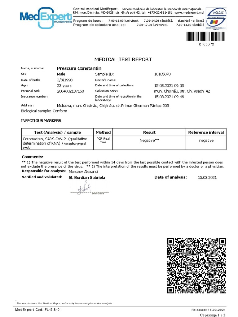 COVID-19 Test Report - MedExpert Chișinău | PDF | Biotechnology | Tree ...