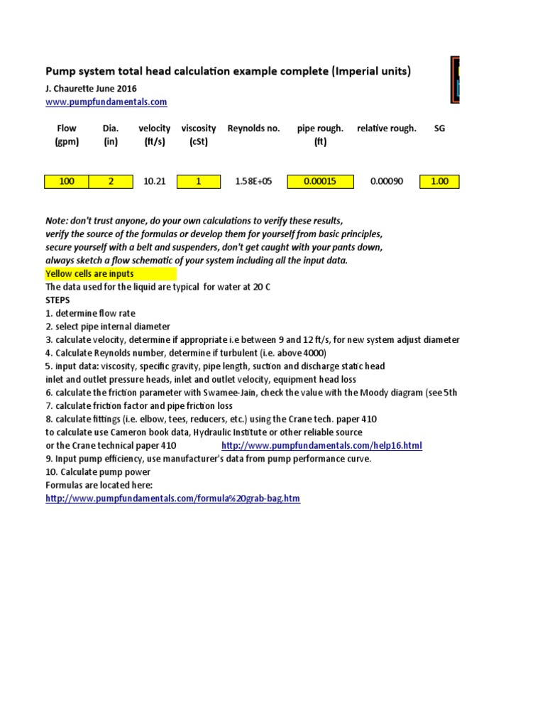 Pump System Total Head Calculation Example Complete (Imperial Units ...
