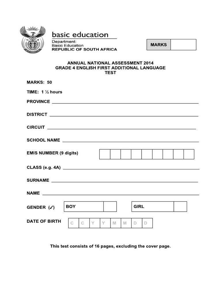 2014 ANA Grade 4 English FAL Test | PDF