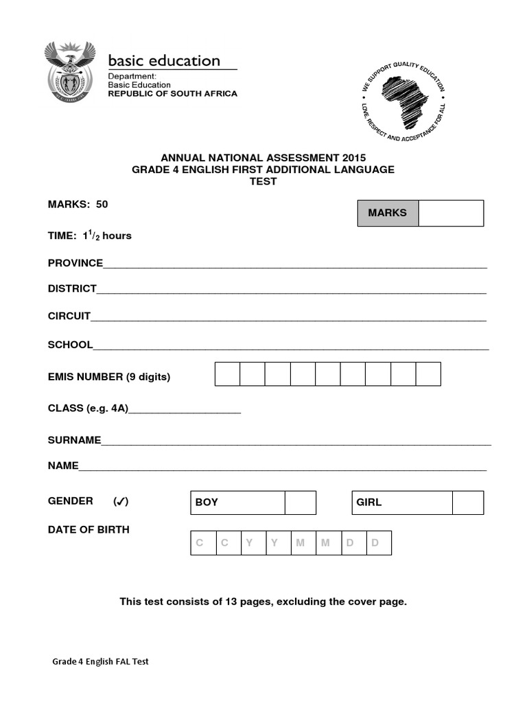 Grade 4 English FAL Exam 2015 | PDF | English Language | Question