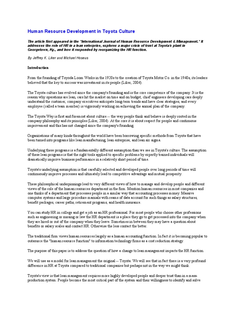 Human Resource Development in Toyota Culture | PDF | Business | Lean ...