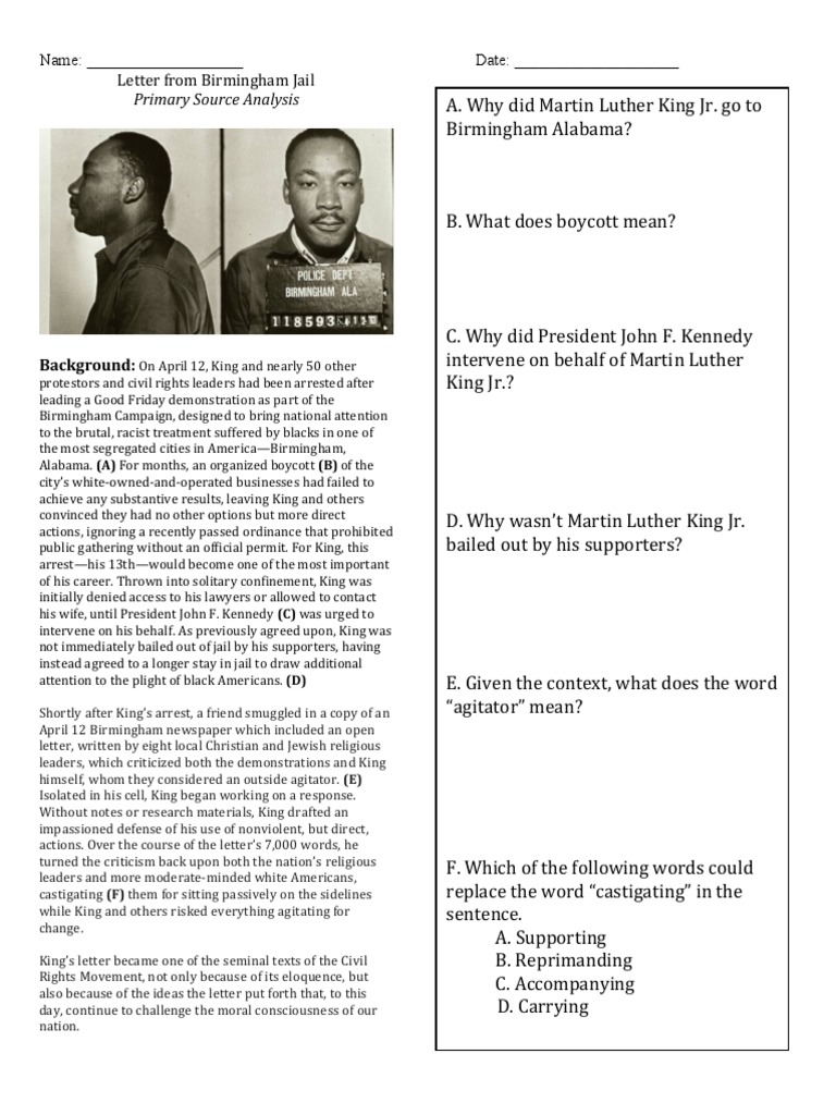 Primary Source Analysis: Name: - Date: - Letter From Birmingham Jail ...