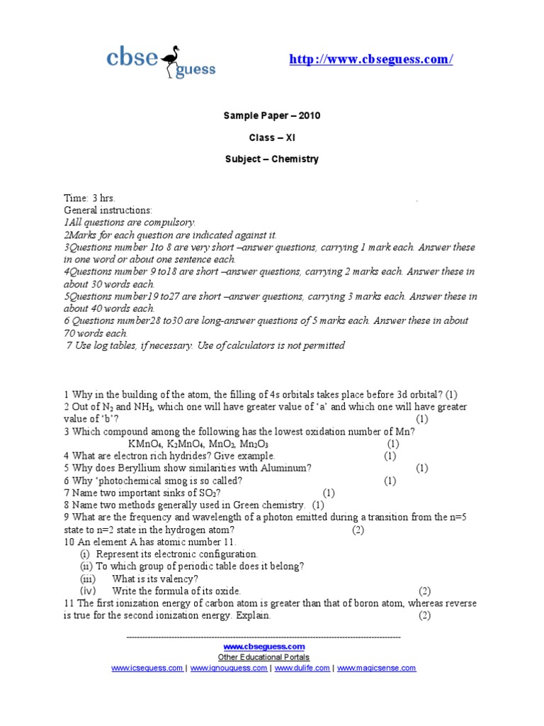 CBSE Class 11 Chemistry Sample Paper | PDF | Alkene | Chemical Reactions