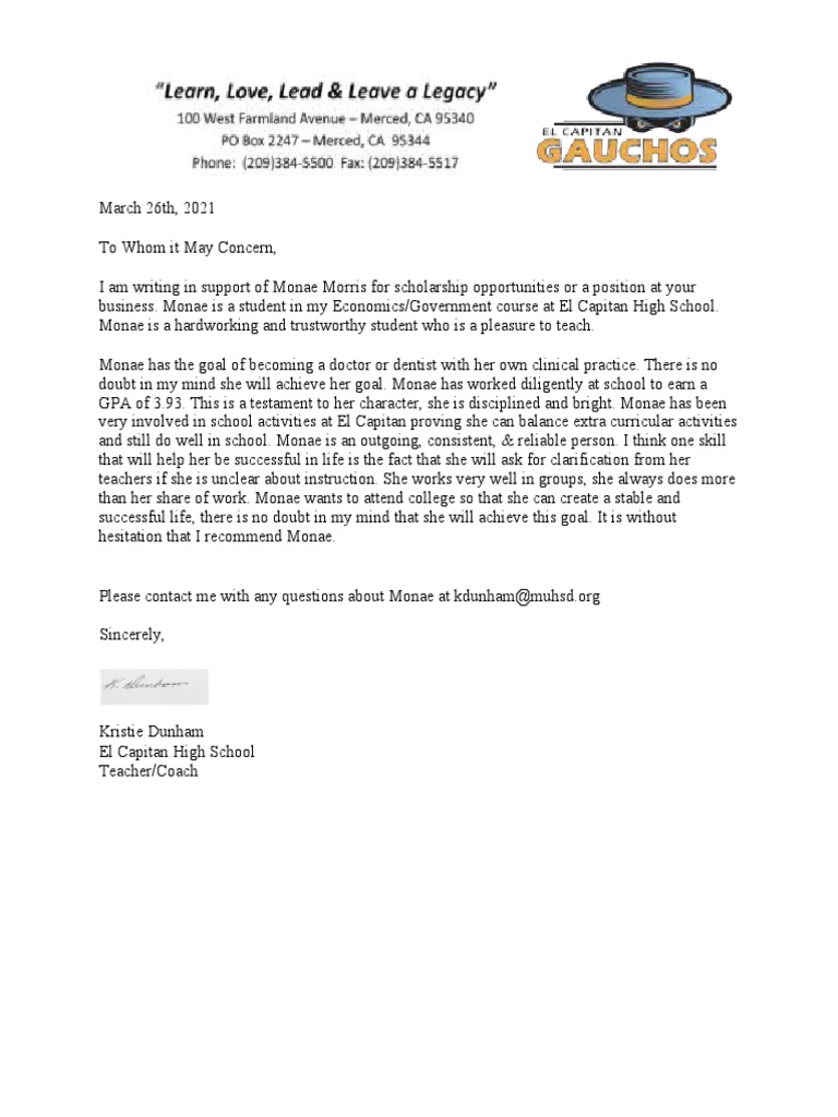 Letter of Rec Monae Morris | PDF