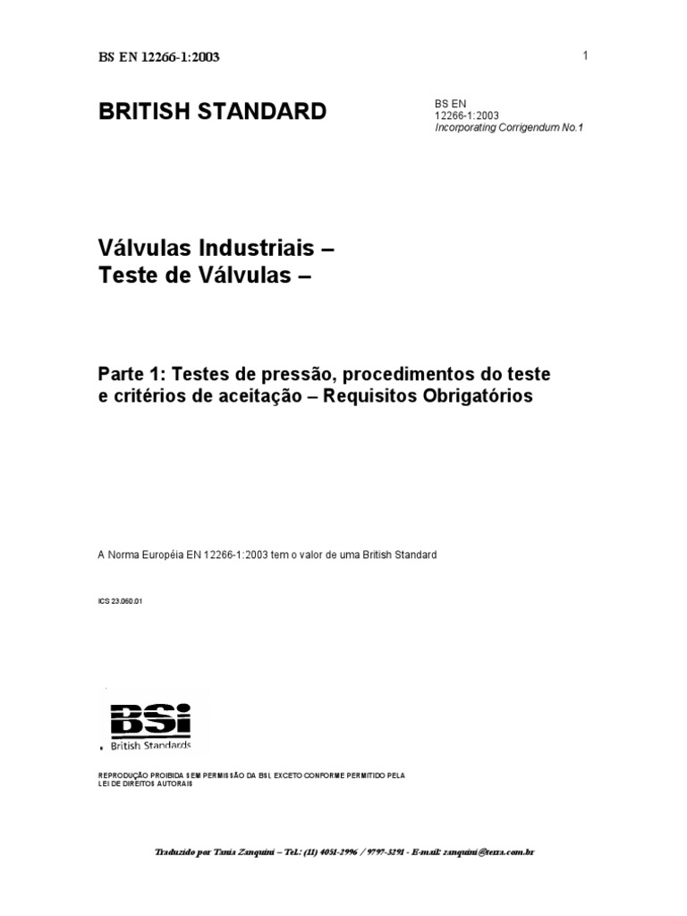Teste de Válvulas: BS EN 12266-1 | PDF | Pressão | Temperatura