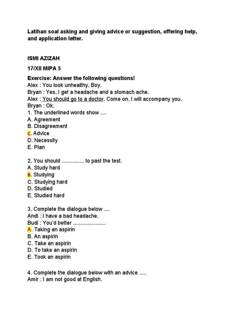 Latihan Soal Asking N Giving Suggestion And Offering Help And