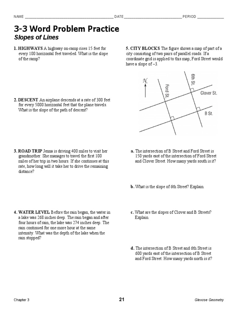 Word Problem Practice Slopes of Lines | PDF