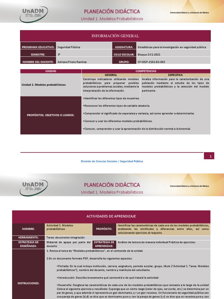 Sesp-Pd-U1-Modelos Prob.-B1-2021-1 | PDF | Probabilidad | Maestros
