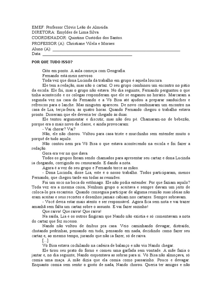Atividade de Texto Interpretação 7º Ano D, e e F. | PDF