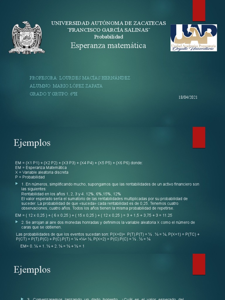 Ejemplos de Esperanza Matemática | PDF | Valor esperado | Variable ...