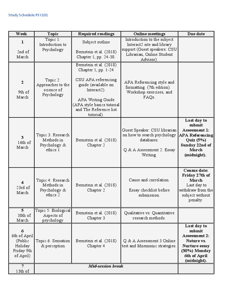 Study Schedule PSY 101 | PDF | Apa Style | Psychology
