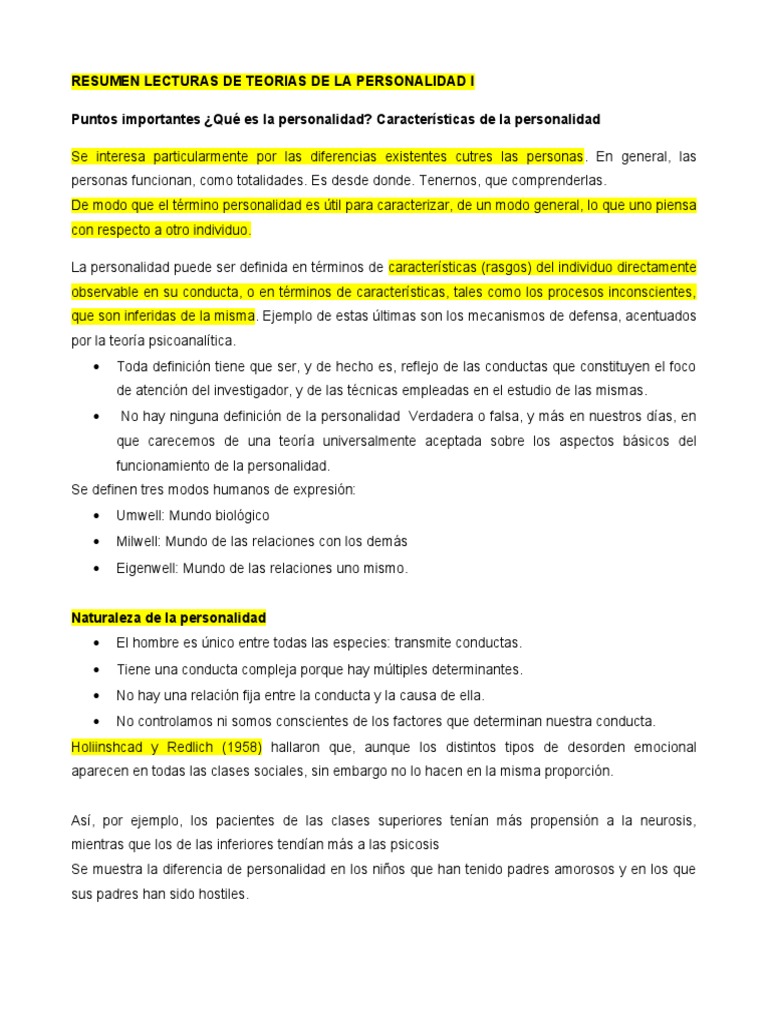 Resumen Lecturas de Teorias de La Personalidad I. | PDF | Mente ...