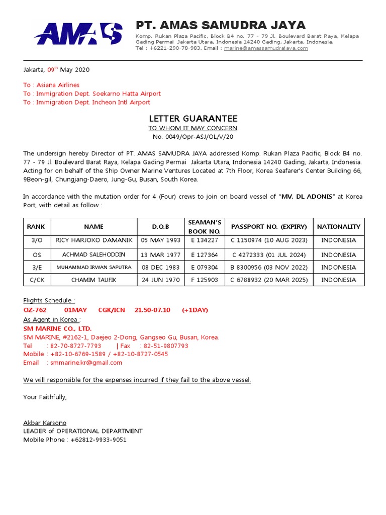 Pt. Amas Samudra Jaya: Letter Guarantee | PDF