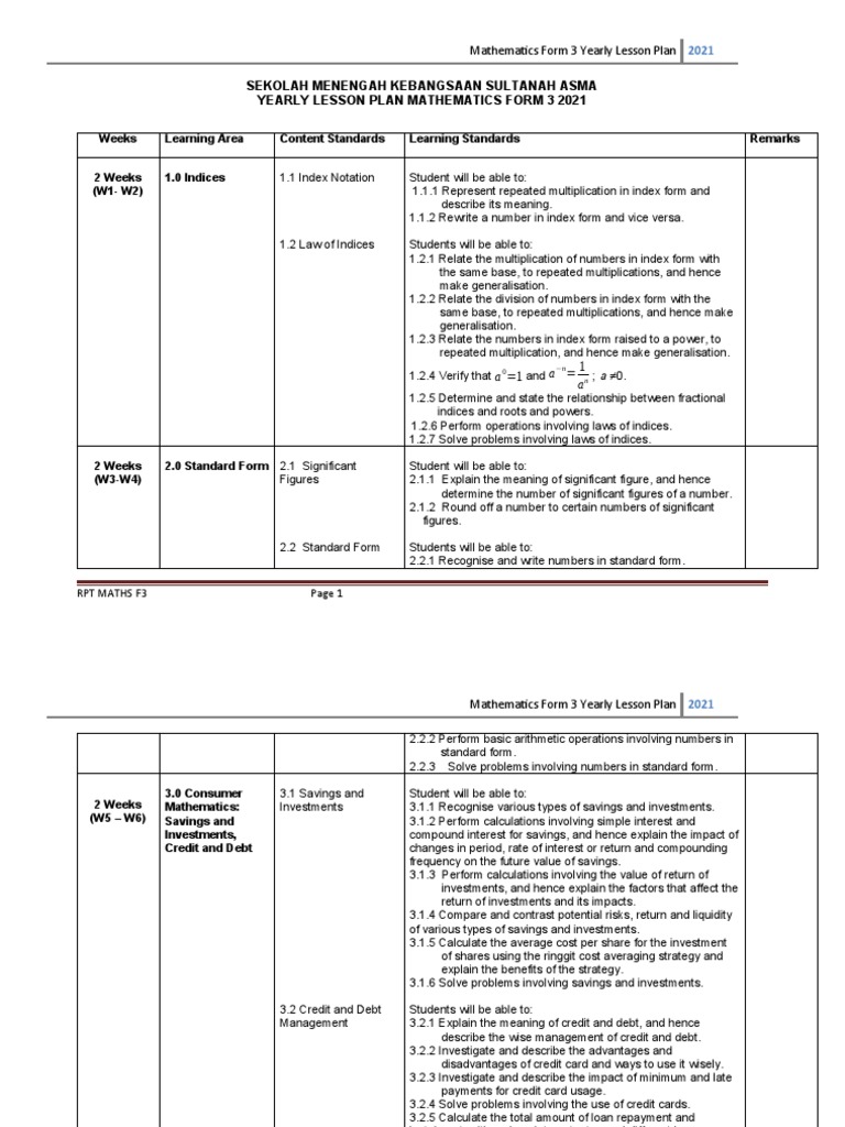 Mathematics Form 3 Yearly Lesson Plan 2021: Exploring Key Concepts of ...