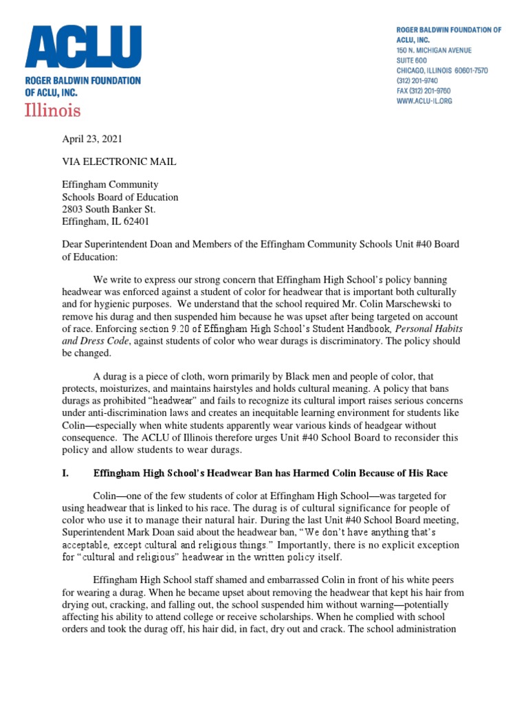 Aclu Letter Unit 40 Durag Ban | PDF | Headgear | Discrimination