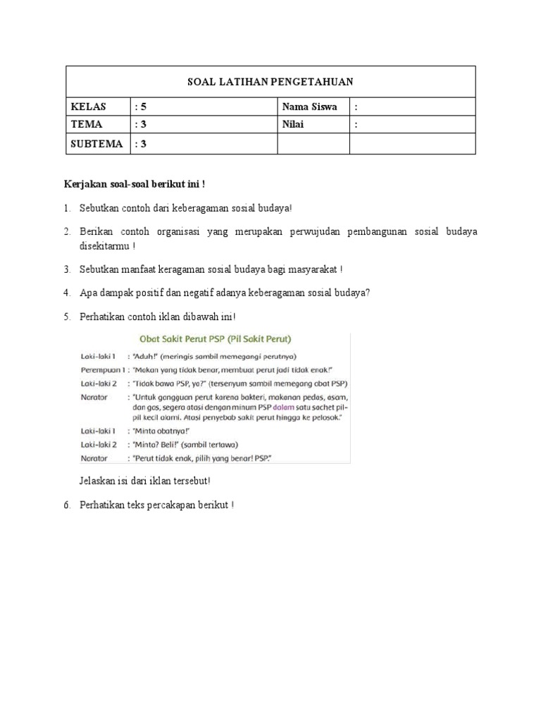 Soal Latihan Pengetahuan Tema 3 Sub 3 Kelas 5 | PDF