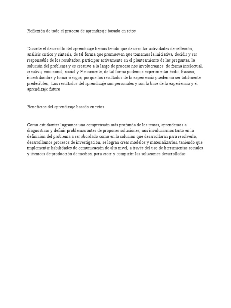 Reflexión De Todo El Proceso De Aprendizaje Basado En Retos Pdf