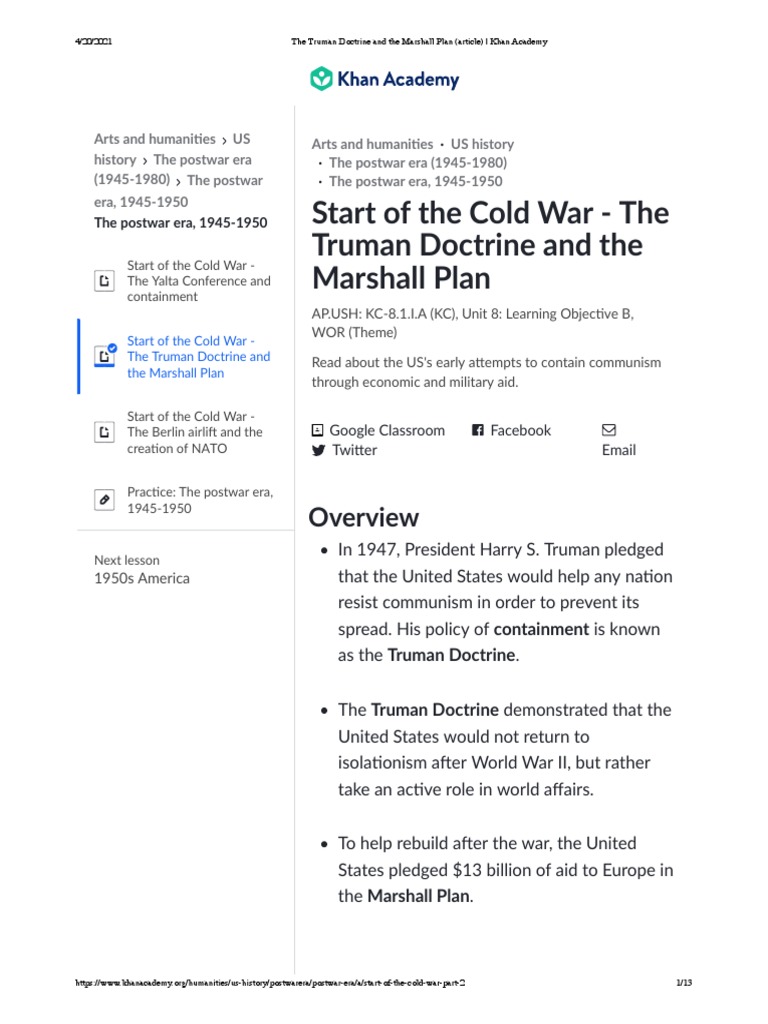 The Truman Doctrine and The Marshall Plan Article Khan Academy | PDF ...