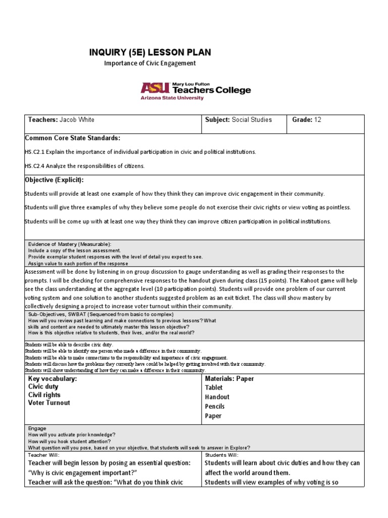 Inquiry (5E) Lesson Plan: Teachers: Jacob White Subject: Social Studies ...
