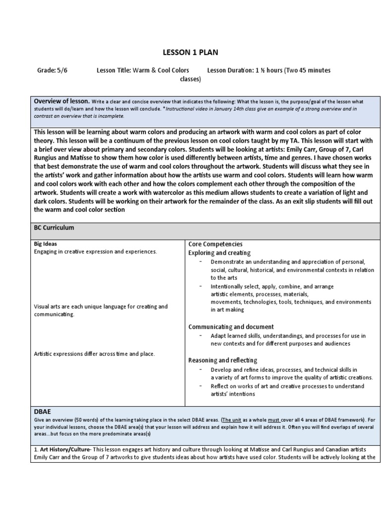 Lesson 1 Plan: Grade: 5/6 Lesson Title: Warm & Cool Colors Lesson ...