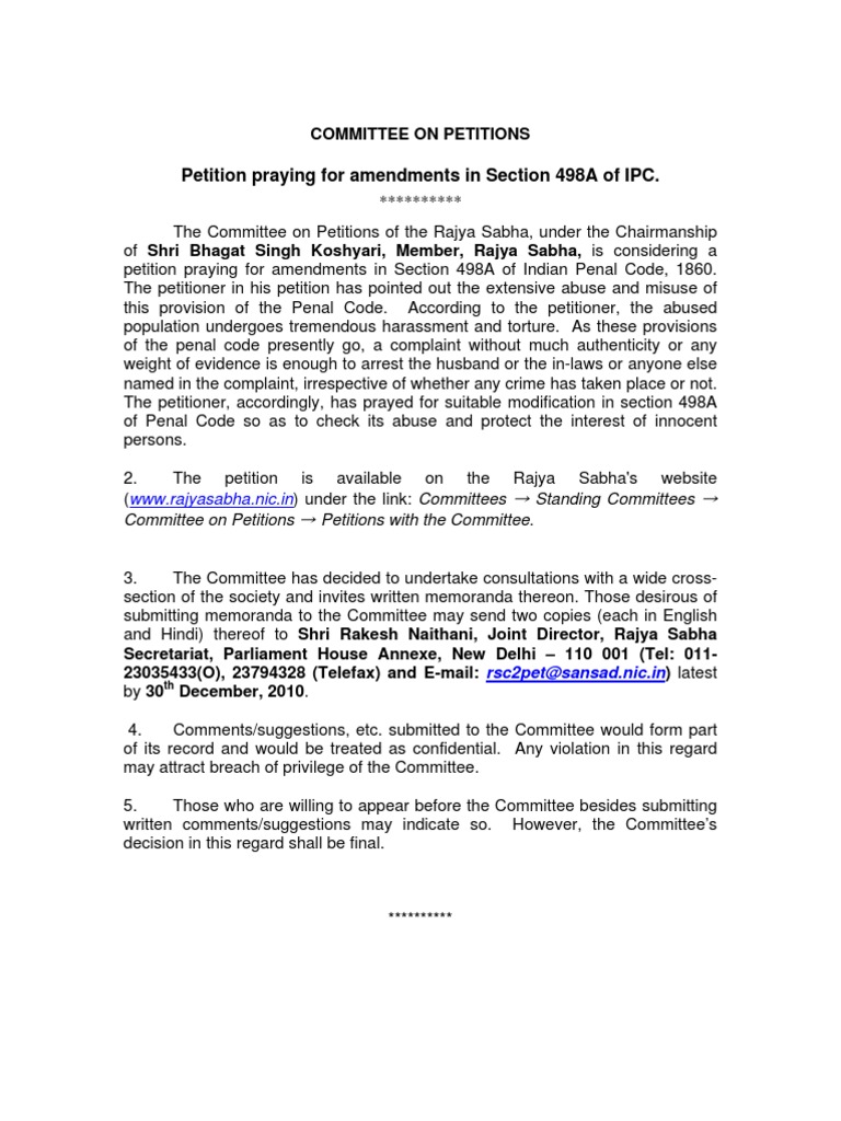 Petition Praying For Amendments in Section 498A of IPC. | PDF | Social ...