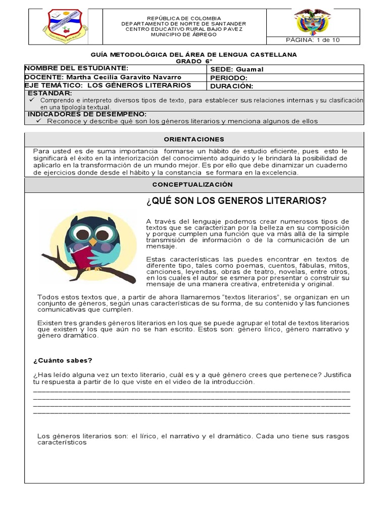 Ficha De Trabajo Sobre Géneros Literarios TALLER 1 TEMA: GENEROS