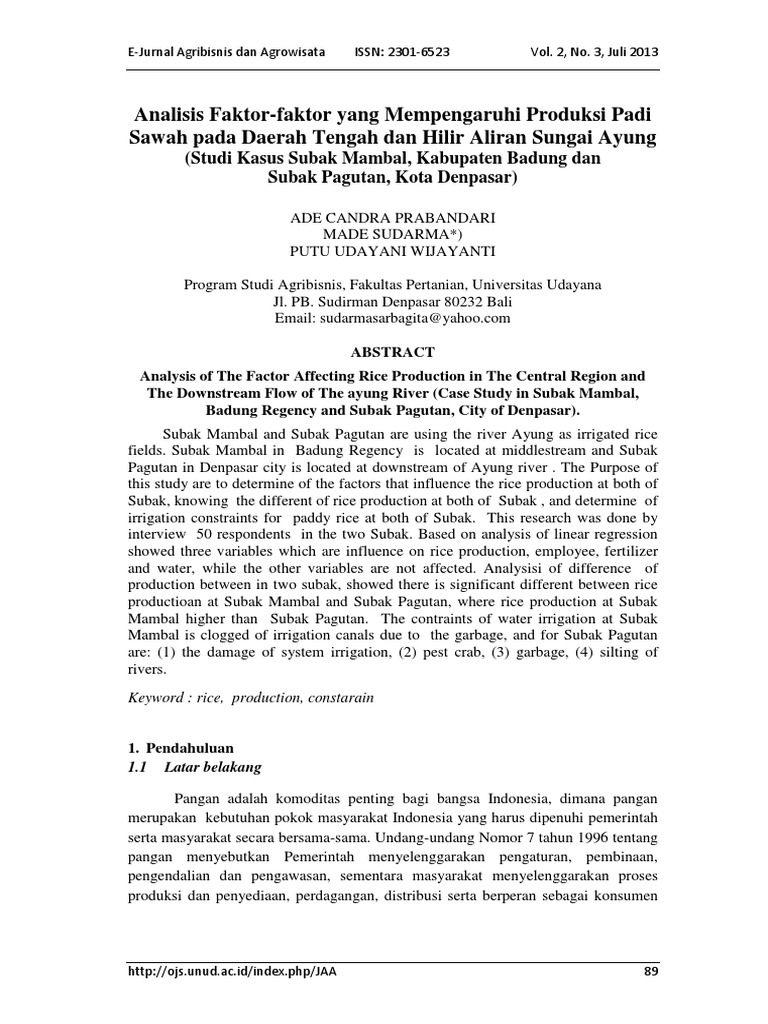 Analisis Faktor-Faktor Yang Mempengaruhi Produksi Padi Sawah Pada Daerah Tengah Dan Hilir Aliran ...