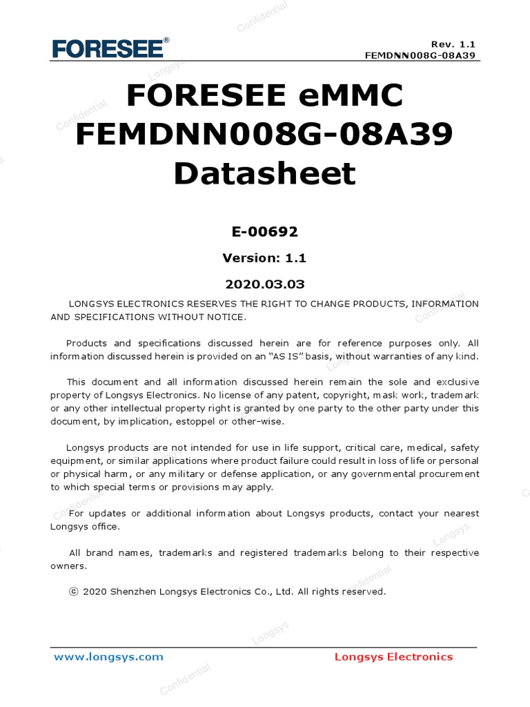 Foresee Emmc FEMDNN008G-08A39 Datasheet | PDF | Flash Memory | Booting